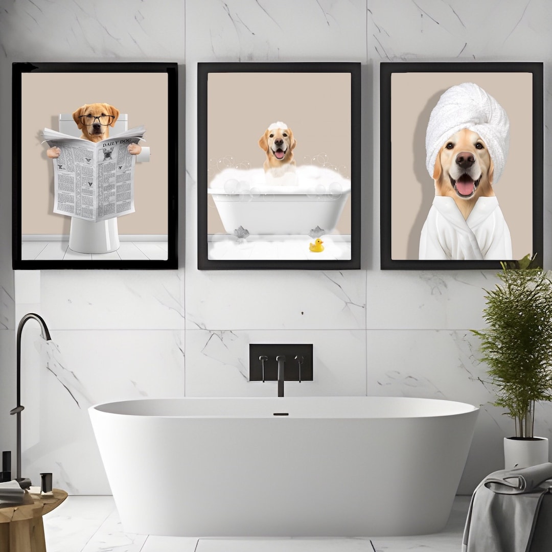 Custom Pet Portraits Set of 3, Pet in Bathtub, Funny Bathroom Art Print, Personalized Pet Dog ...