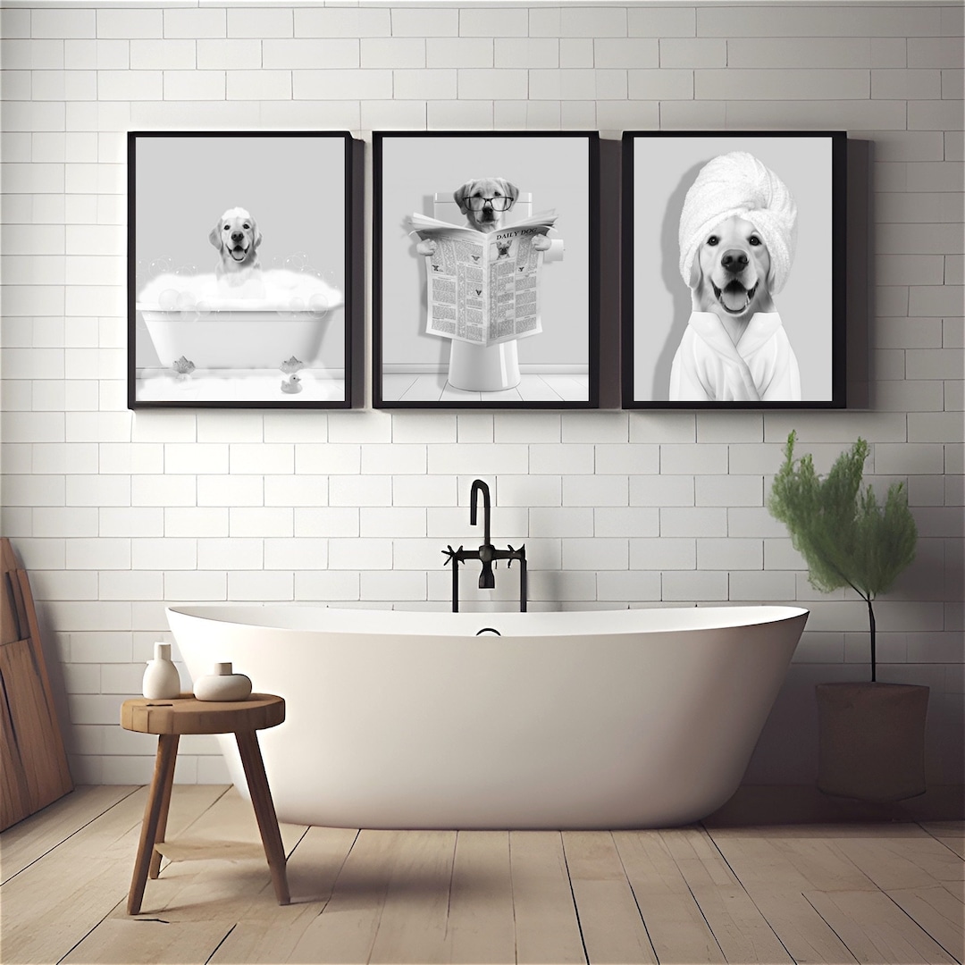 Custom Digital Pet Portraits Set of 3, Pet in Bathtub, Black and White ...