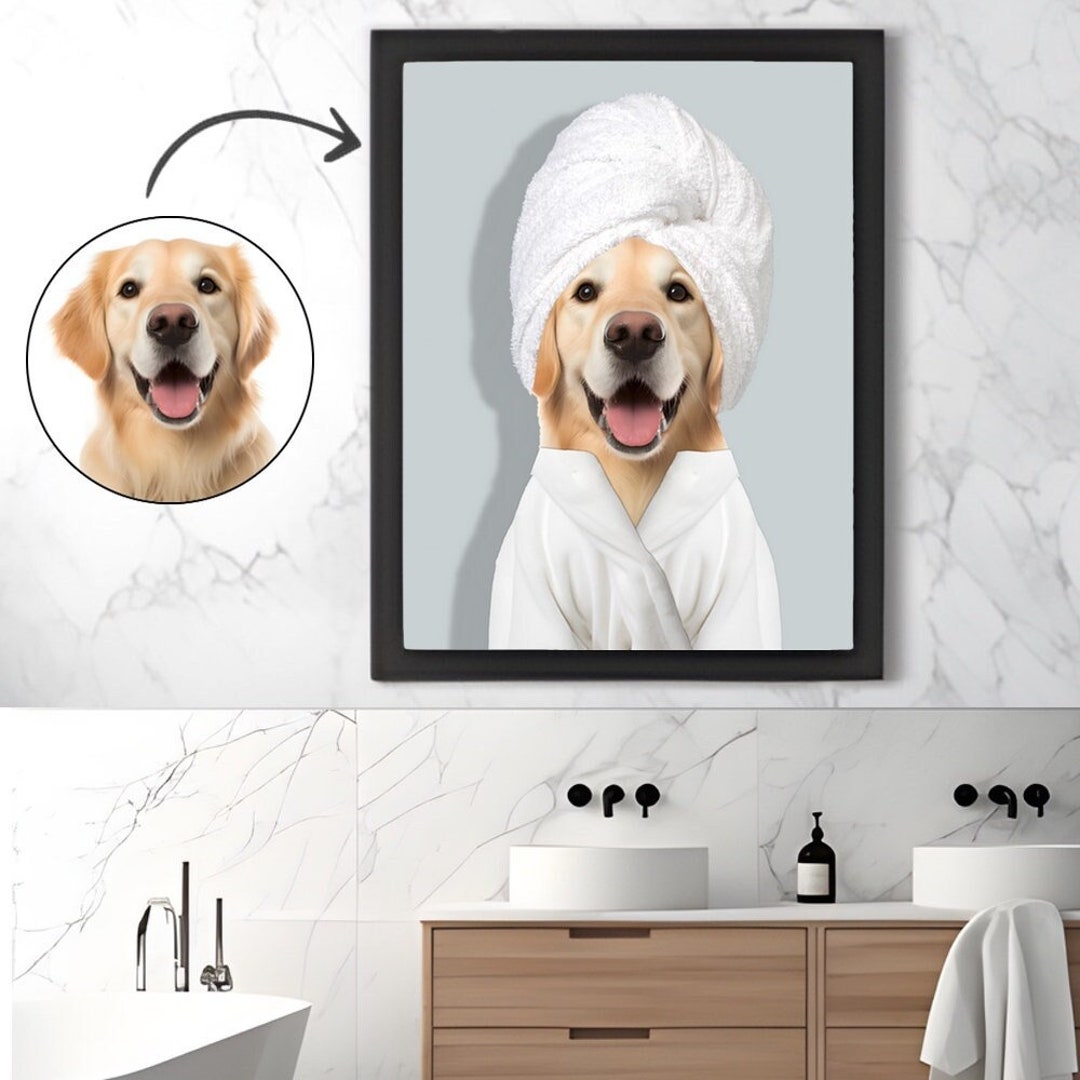Custom Dog Portrait Wearing Towel Print, Animal in Bathtub, Funny ...