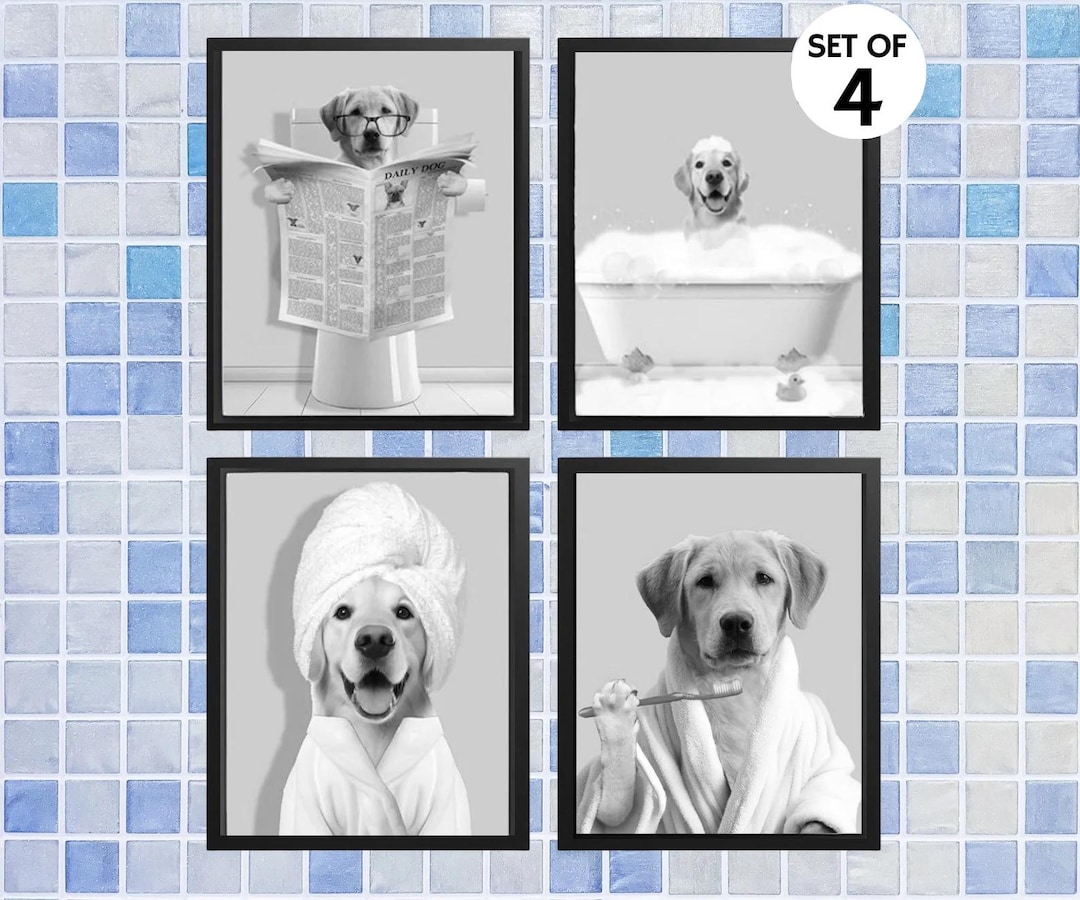 Custom Pet Portrait Greyscale Art Print Set of 4, Funny Dog Bathroom ...