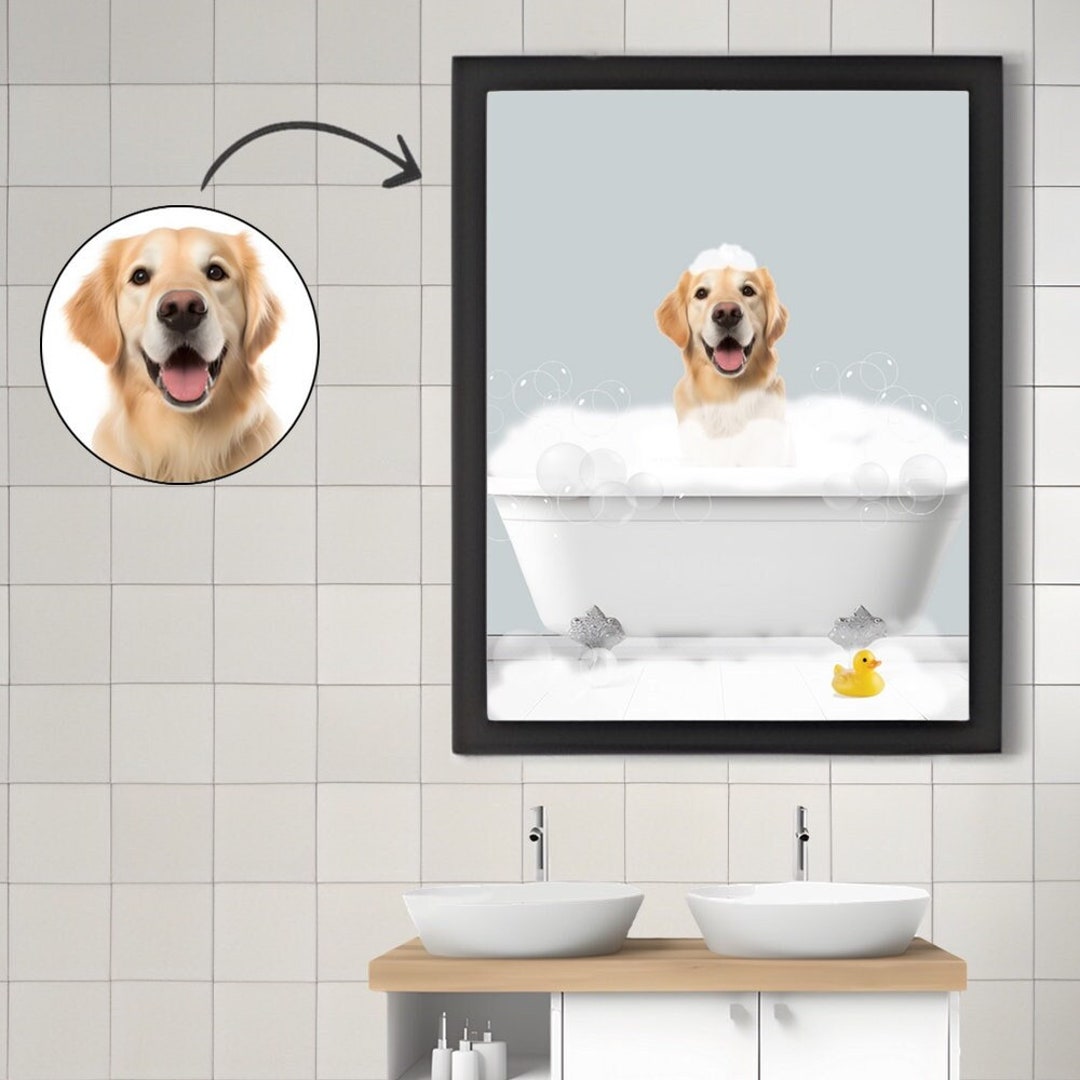 Custom Dog Portrait in Bathtub Print, Animal in Bathtub, Funny Bathroom ...
