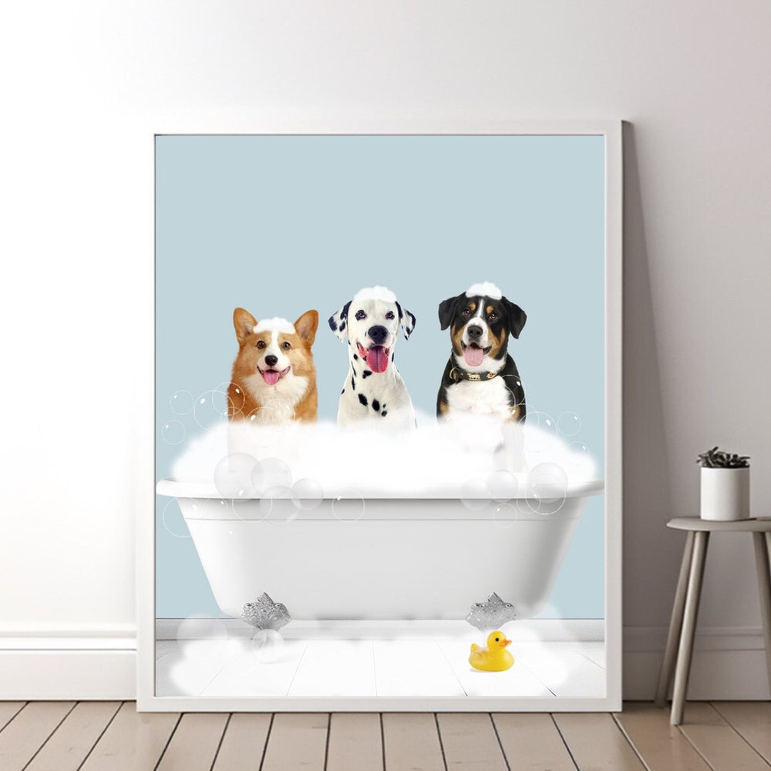 Funny Three Dogs in Bathtub Print, Custom Pet Portrait (digital ...