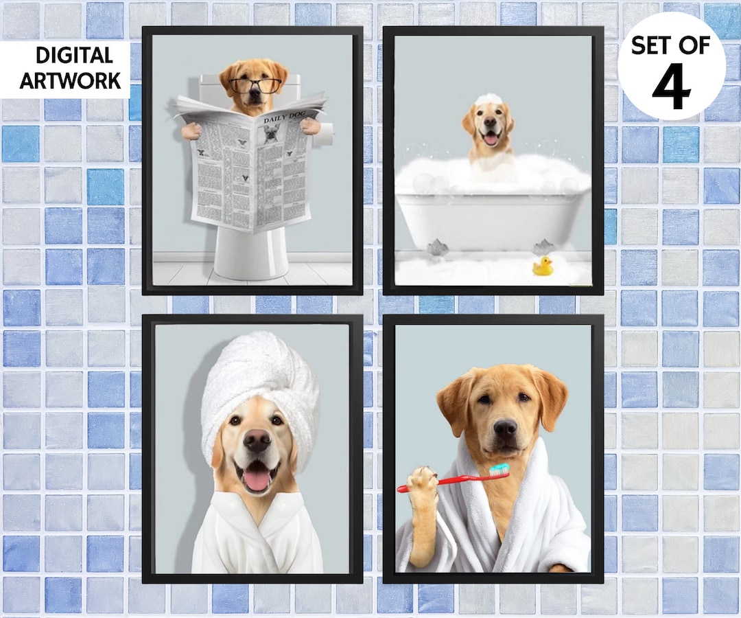 Custom Pet Portraits Set of 4, Pet in Bathtub, Funny Bathroom Art Print ...