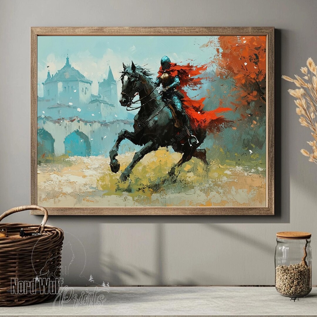 Red Cloaked Rider Wall Art, Female Warrior on Horseback, Giclée Print ...