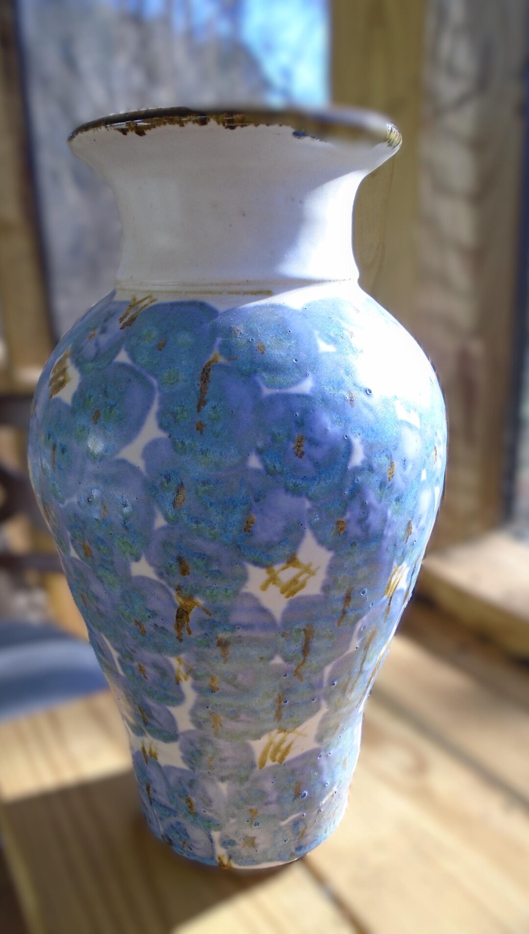 Blue & Purple Glazed Pottery Vase, Signed Floral Design, 14.75