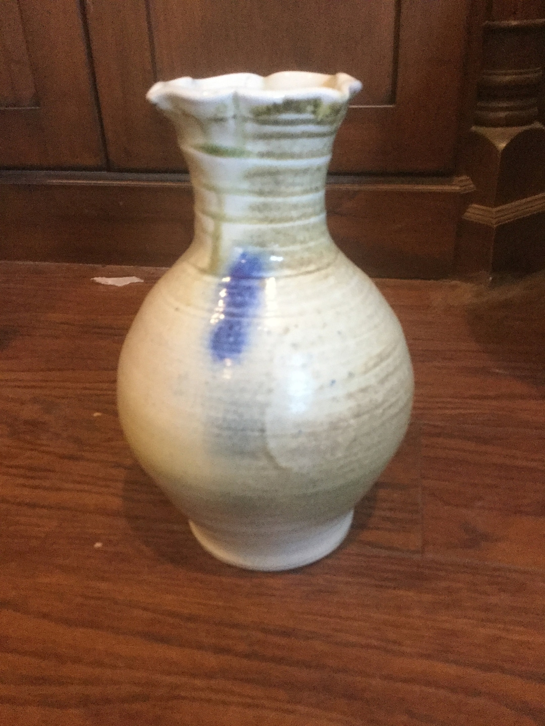 Signed WP Marked Pottery Vase White Blue Brown Scalloped Edge Top - Etsy