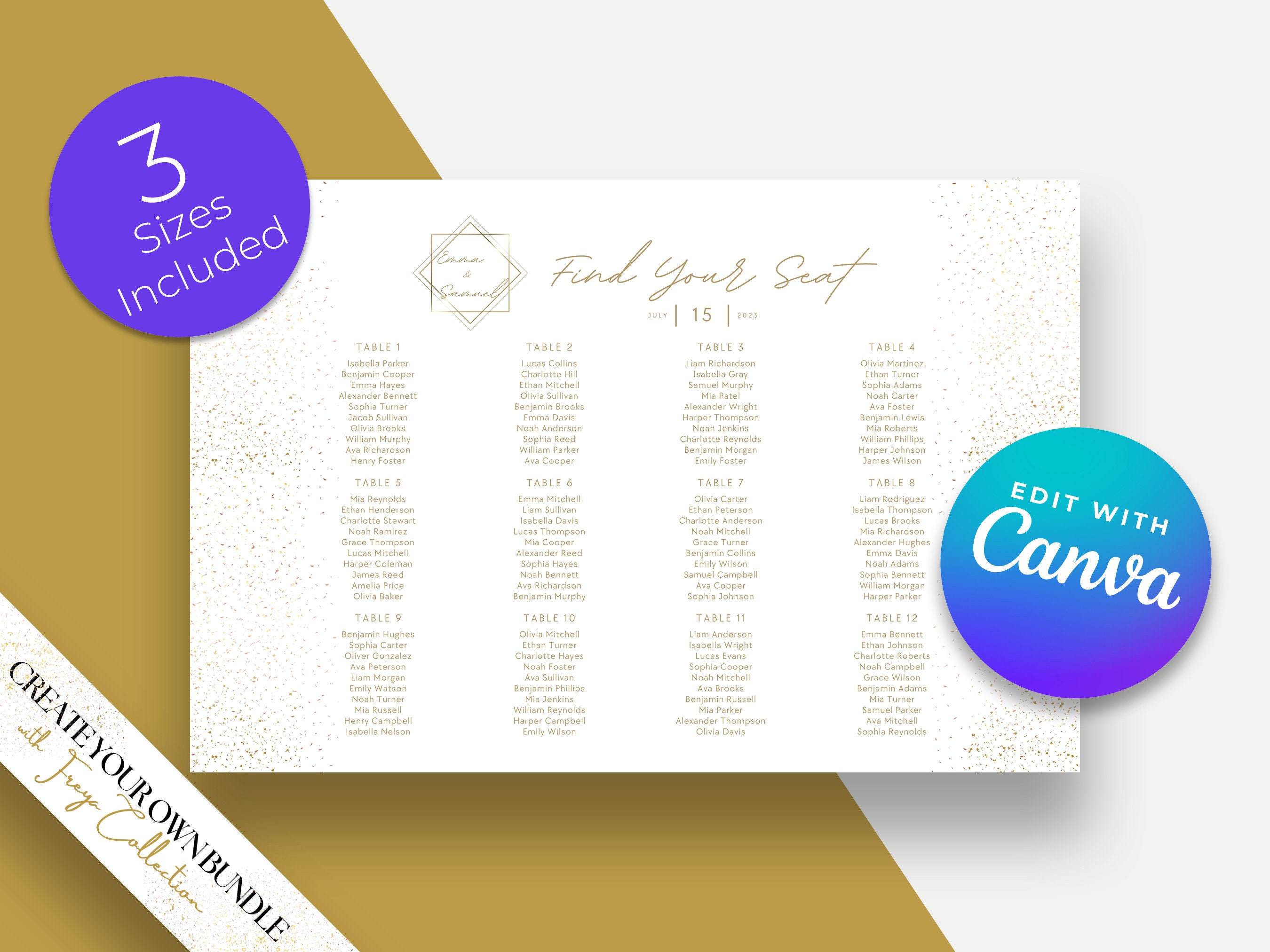 FREYA Printable Seating Chart Poster Template, White and Gold ...