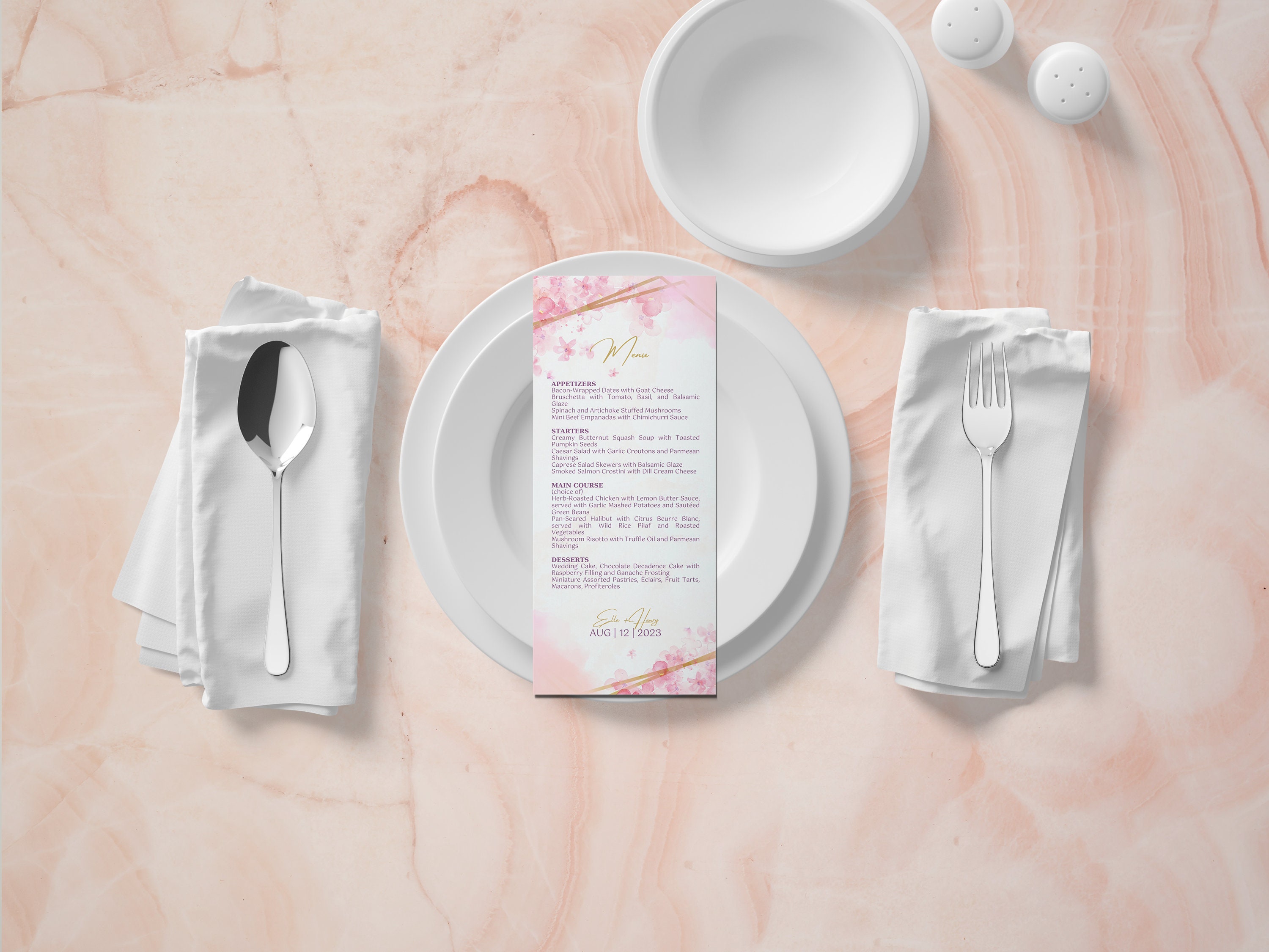 MIRA Printable Wedding Table Menu Card Template, Pink Flowers and Gold ...