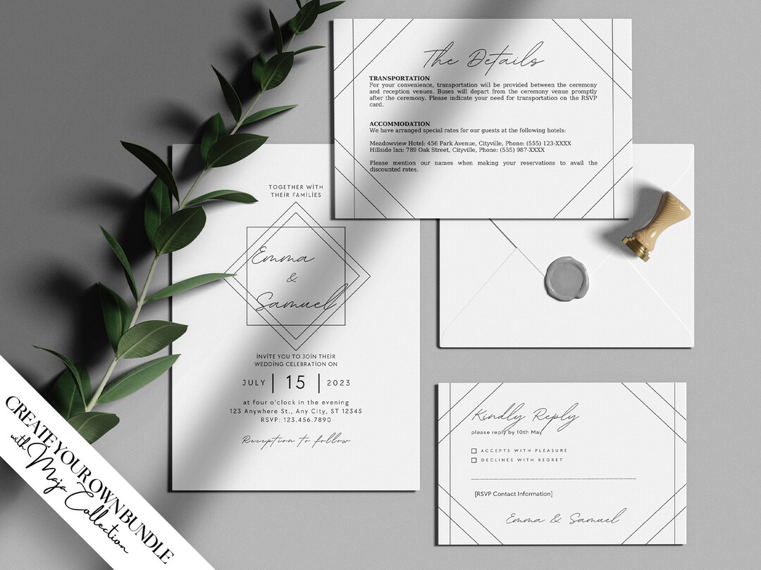 MAJA Minimalist Wedding Invitation Suite, Black and White, Geometric ...