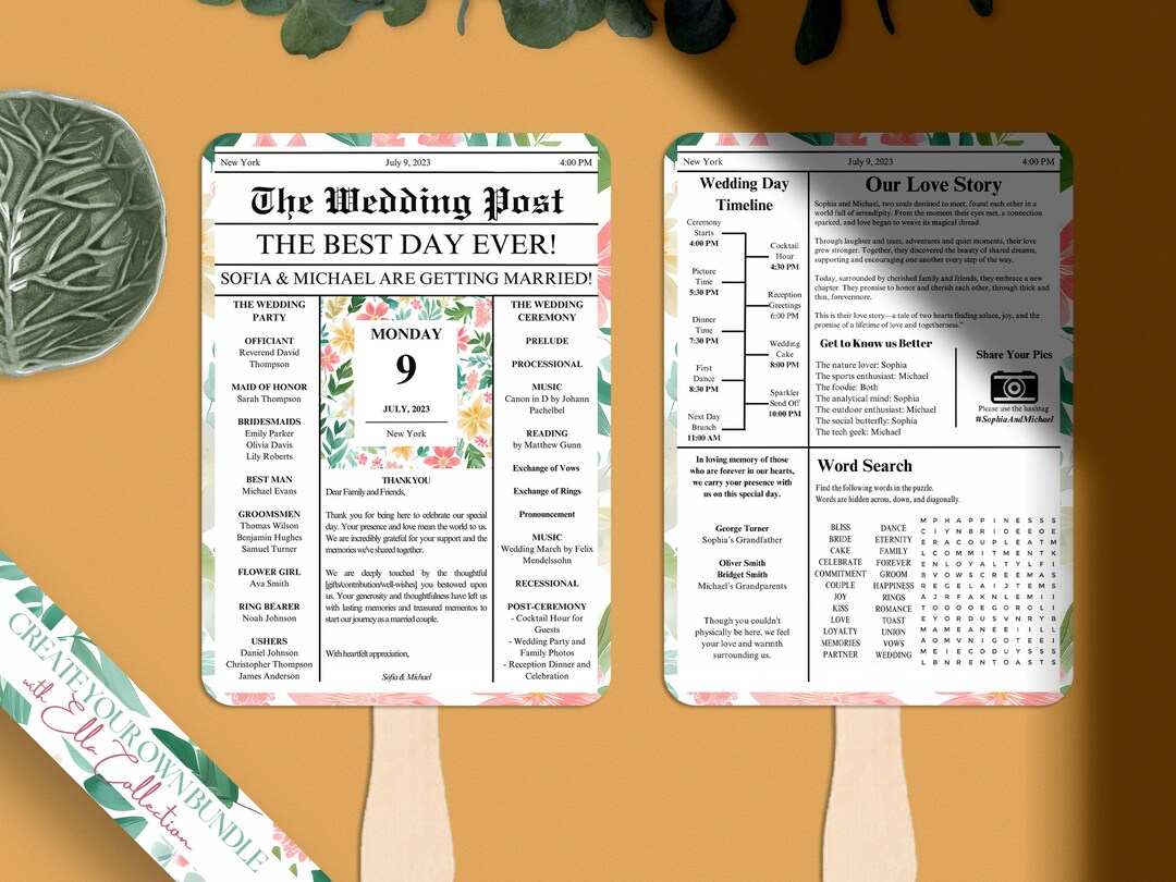 ELLA Printable Newspaper Wedding Program Fan Template, Pink Flowers ...