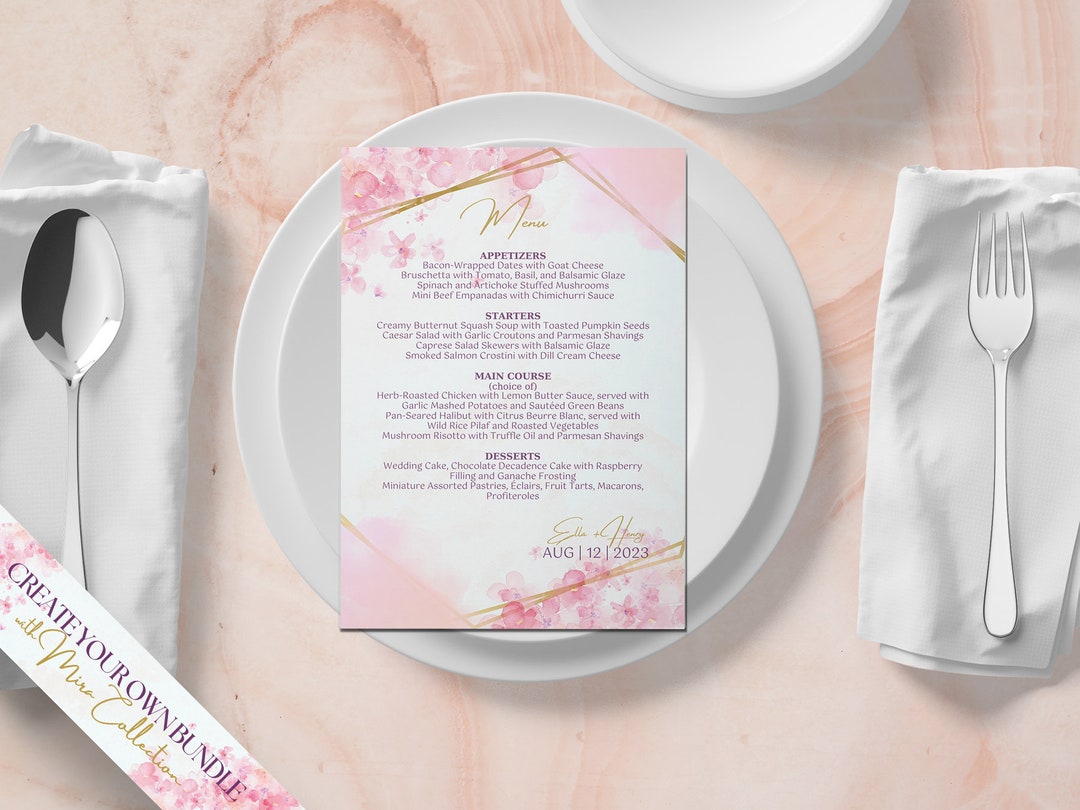 MIRA Printable Wedding Table Menu Card Template, Pink Flowers and Gold Hexagons, Floral Menu ...