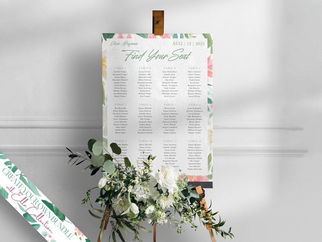 ELLA Printable Seating Chart Poster Template, Pink Summer Flowers ...