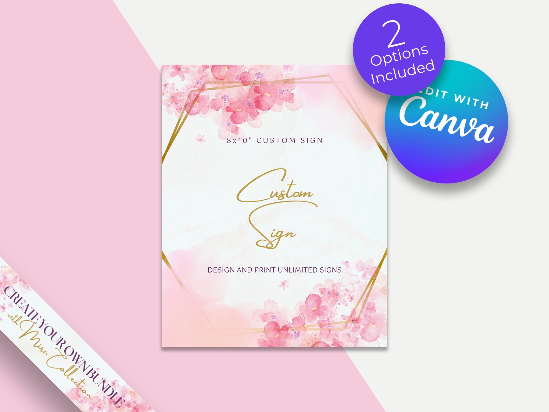 MIRA Printable Custom Sign Template, Pink Flowers and Gold Hexagons ...