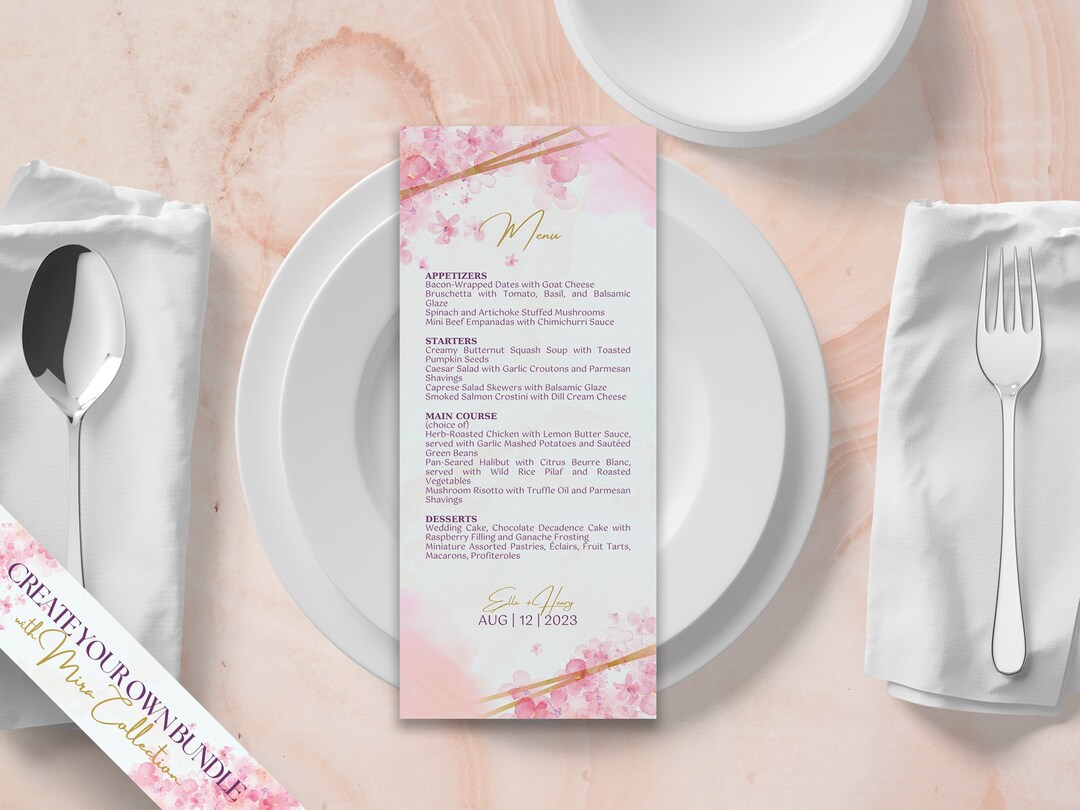 MIRA Printable Wedding Table Menu Card Template, Pink Flowers and Gold ...