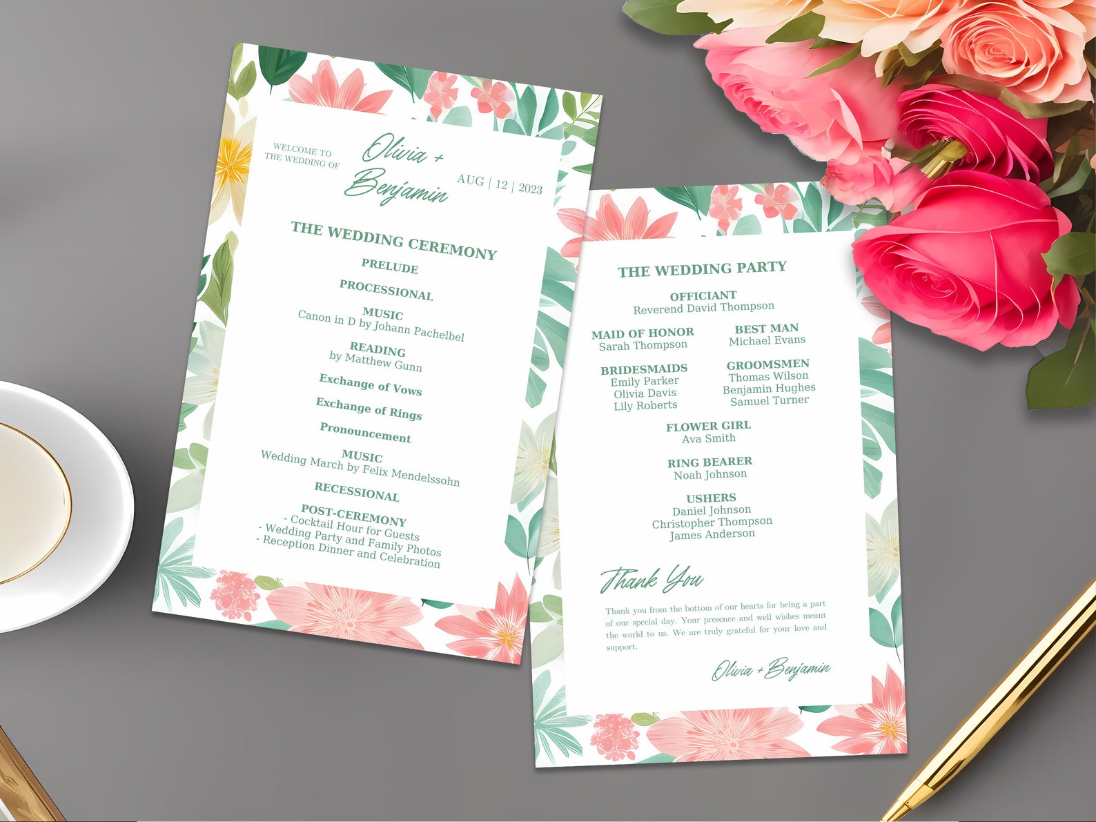 ELLA Printable Wedding Program Template, Pink Summer Flowers, Elegant ...