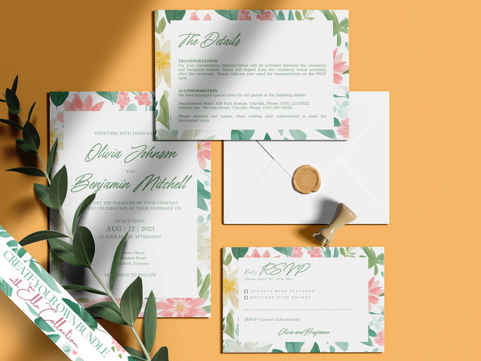 ELLA Printable Wedding Invitation Suite, Pink Summer Flowers, Elegant ...