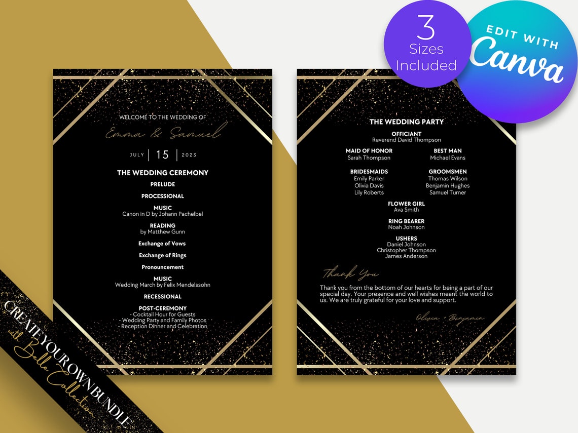 BELLE Printable Wedding Program Fan Template, Black and Gold, Geometric ...