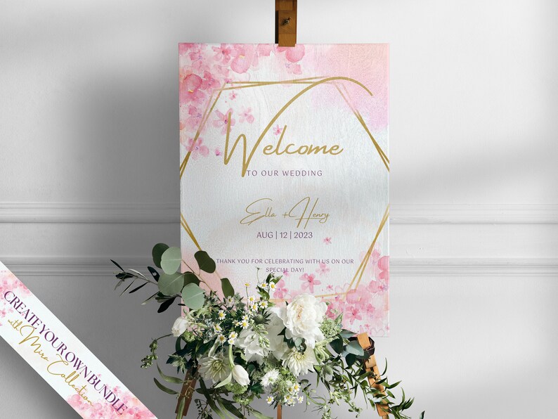 MIRA Printable Welcome Sign Template, Pink Flowers and Gold Hexagons ...