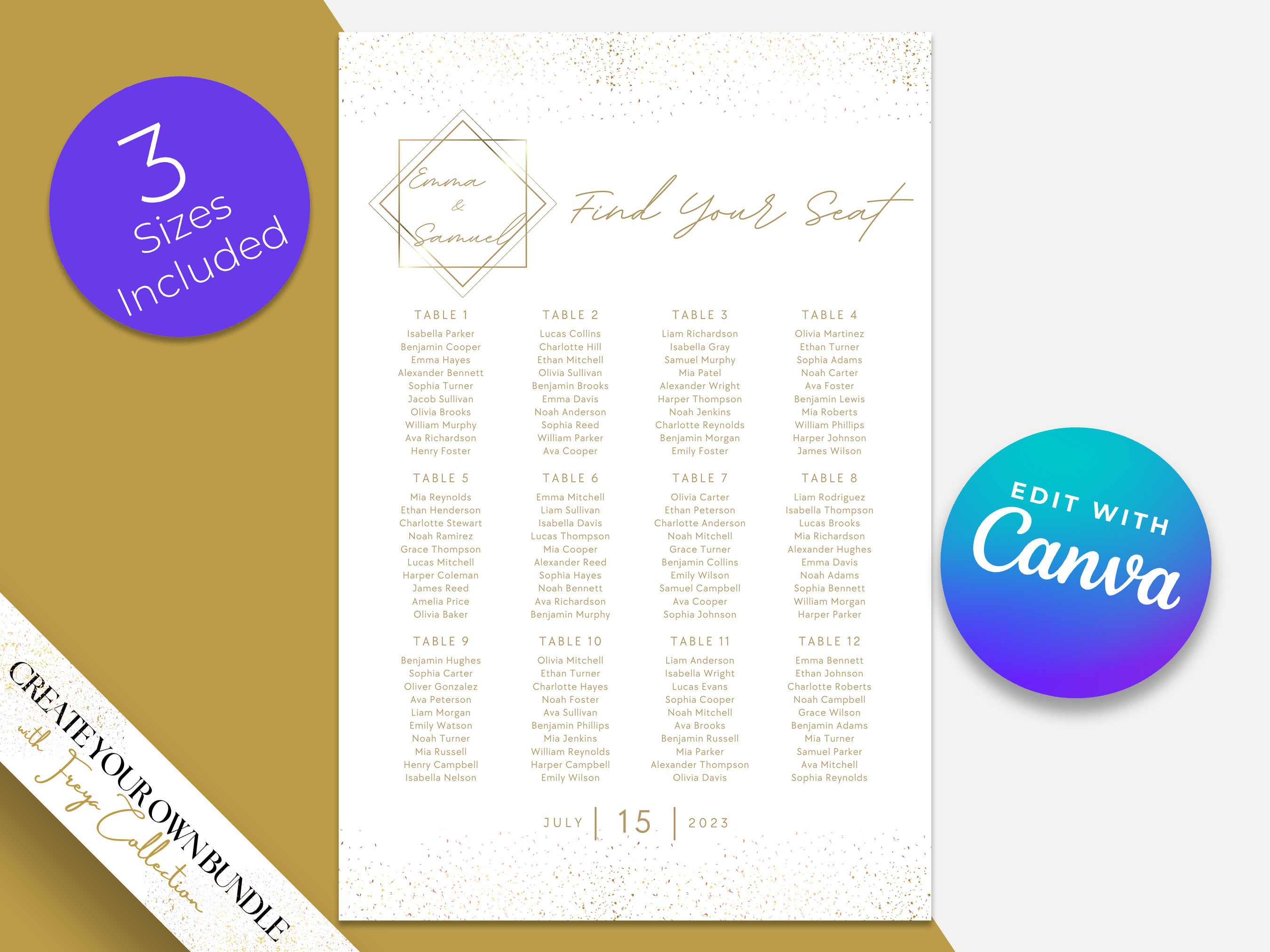 FREYA Printable Seating Chart Poster Template, White and Gold ...