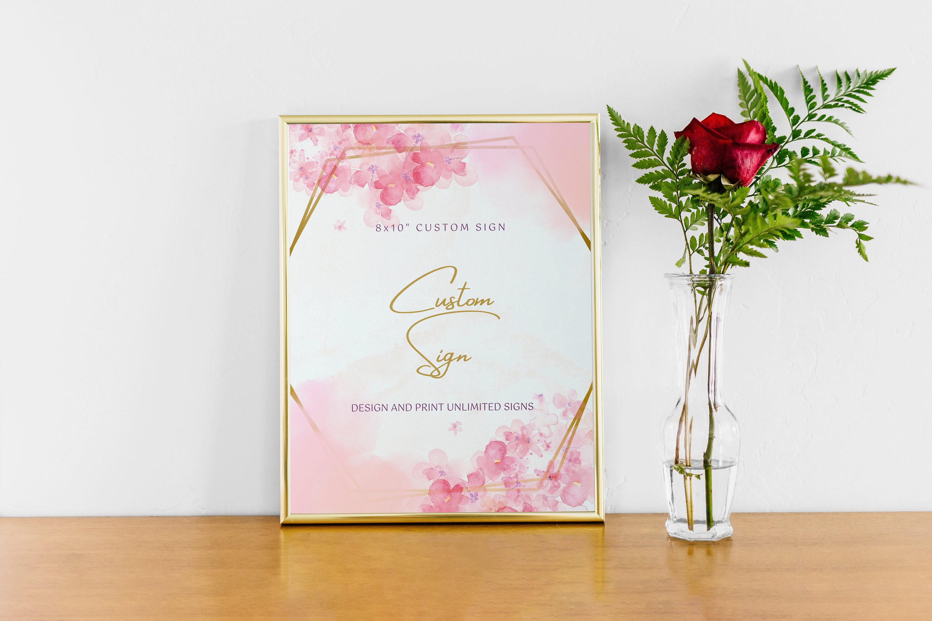 MIRA Printable Custom Sign Template, Pink Flowers and Gold Hexagons ...