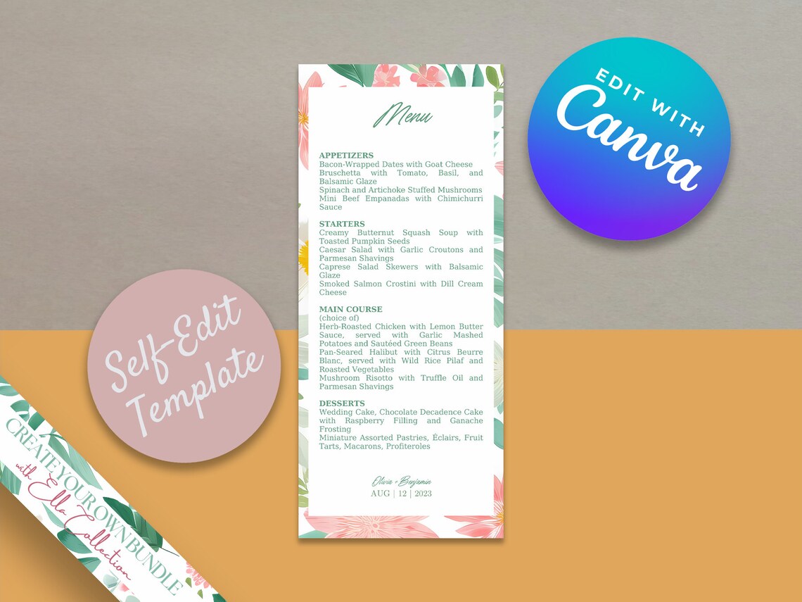 ELLA Printable Wedding Table Menu Card Template Pink Summer - Etsy