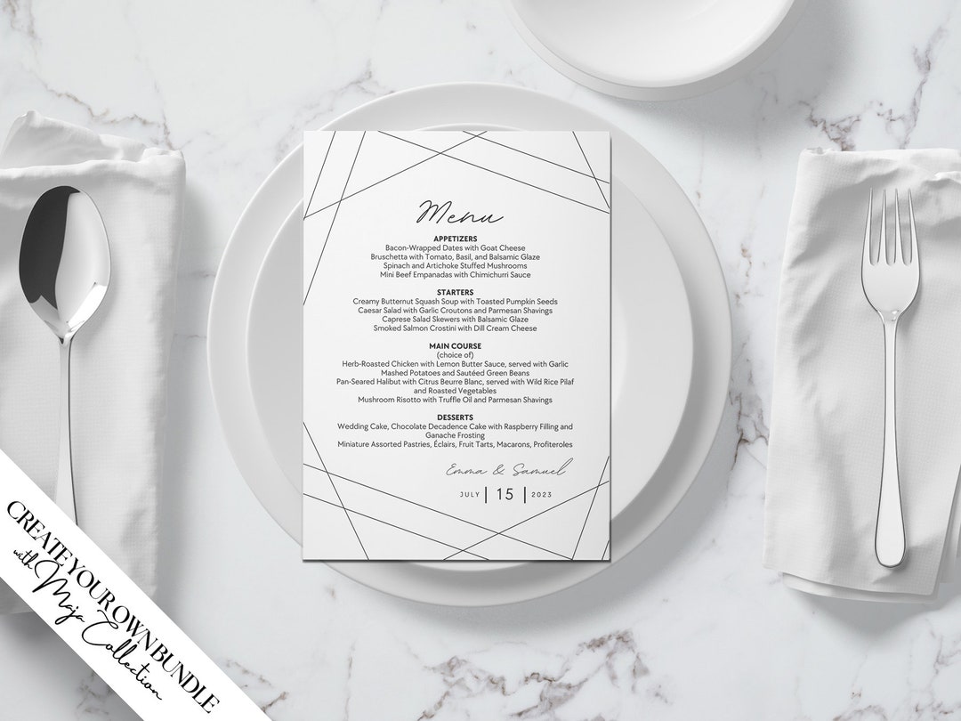 MAJA Printable Wedding Table Menu Card Template, Black and White ...