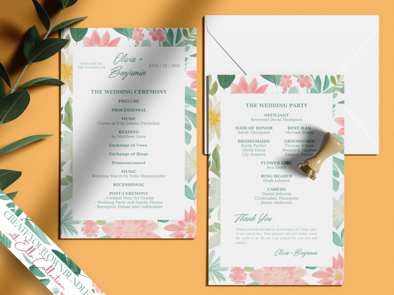 ELLA Printable Wedding Program Template, Pink Summer Flowers, Elegant ...