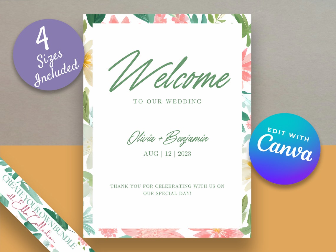 ELLA Printable Wedding Welcome Sign Template, Pink Summer Flowers ...