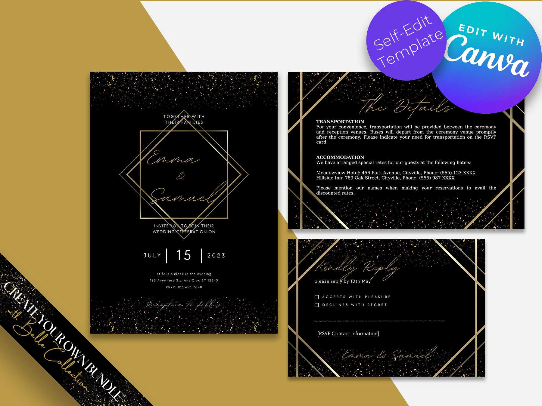 BELLE Black and Gold Wedding Invitation Suite, Geometric Design, Golden ...