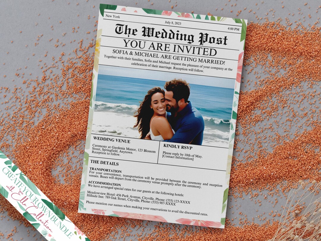 ELLA Printable Newspaper Wedding Invitation, Pink Summer Flowers and ...