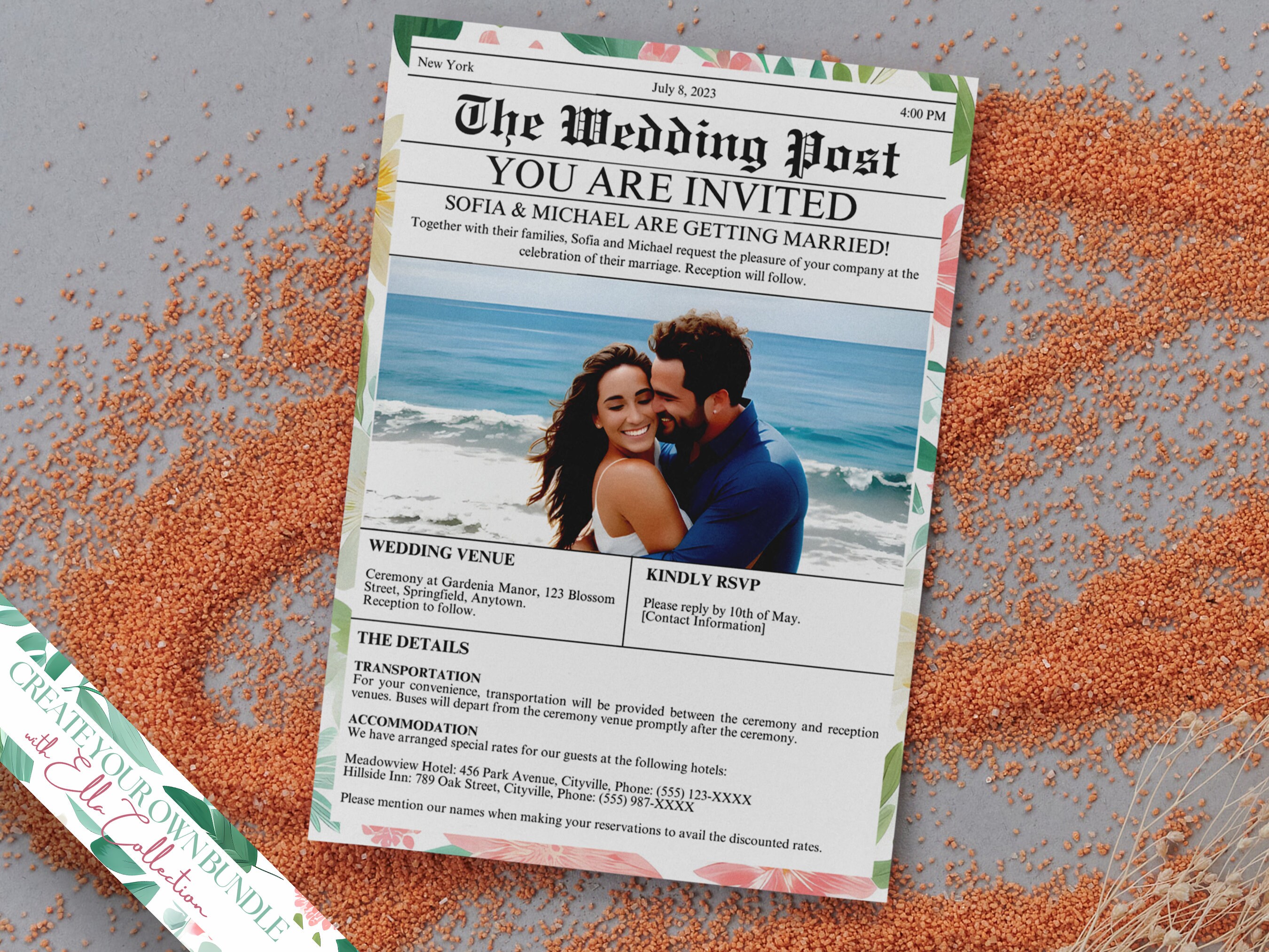 ELLA Printable Newspaper Wedding Invitation, Pink Summer Flowers and ...