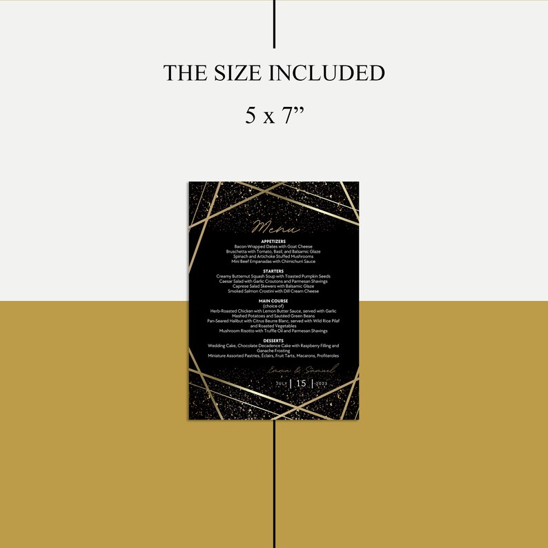 BELLE Printable Wedding Table Menu Card Template, Black and Gold, Geometric Design, Menu Card ...