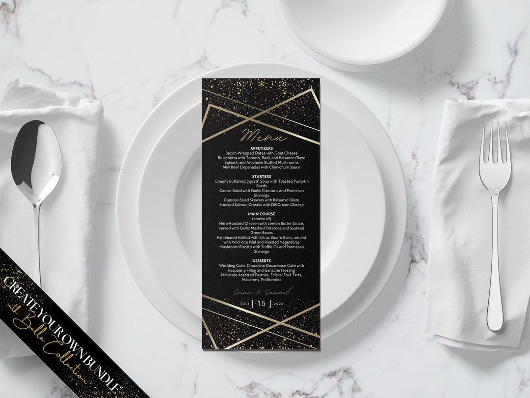 BELLE Printable Wedding Table Menu Card Template, Black and Gold ...