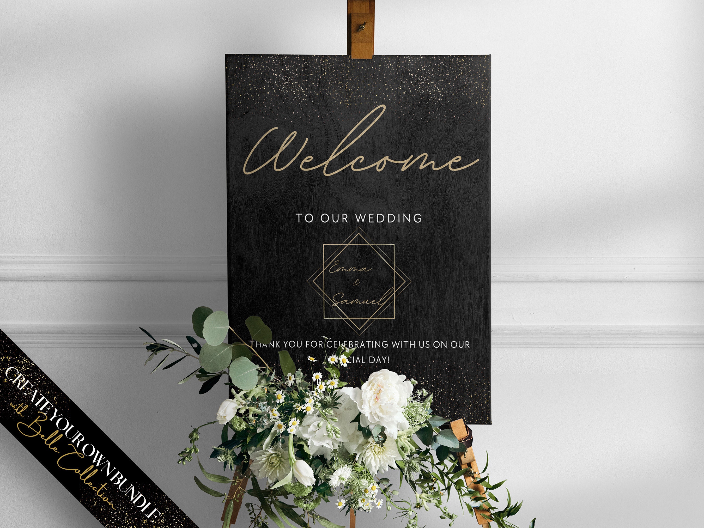 BELLE Printable Welcome Sign Template, Black and Gold, Geometric Design ...