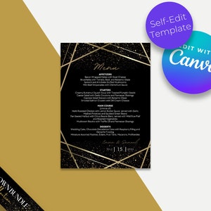 BELLE Printable Wedding Table Menu Card Template, Black and Gold, Geometric Design, Menu Card ...