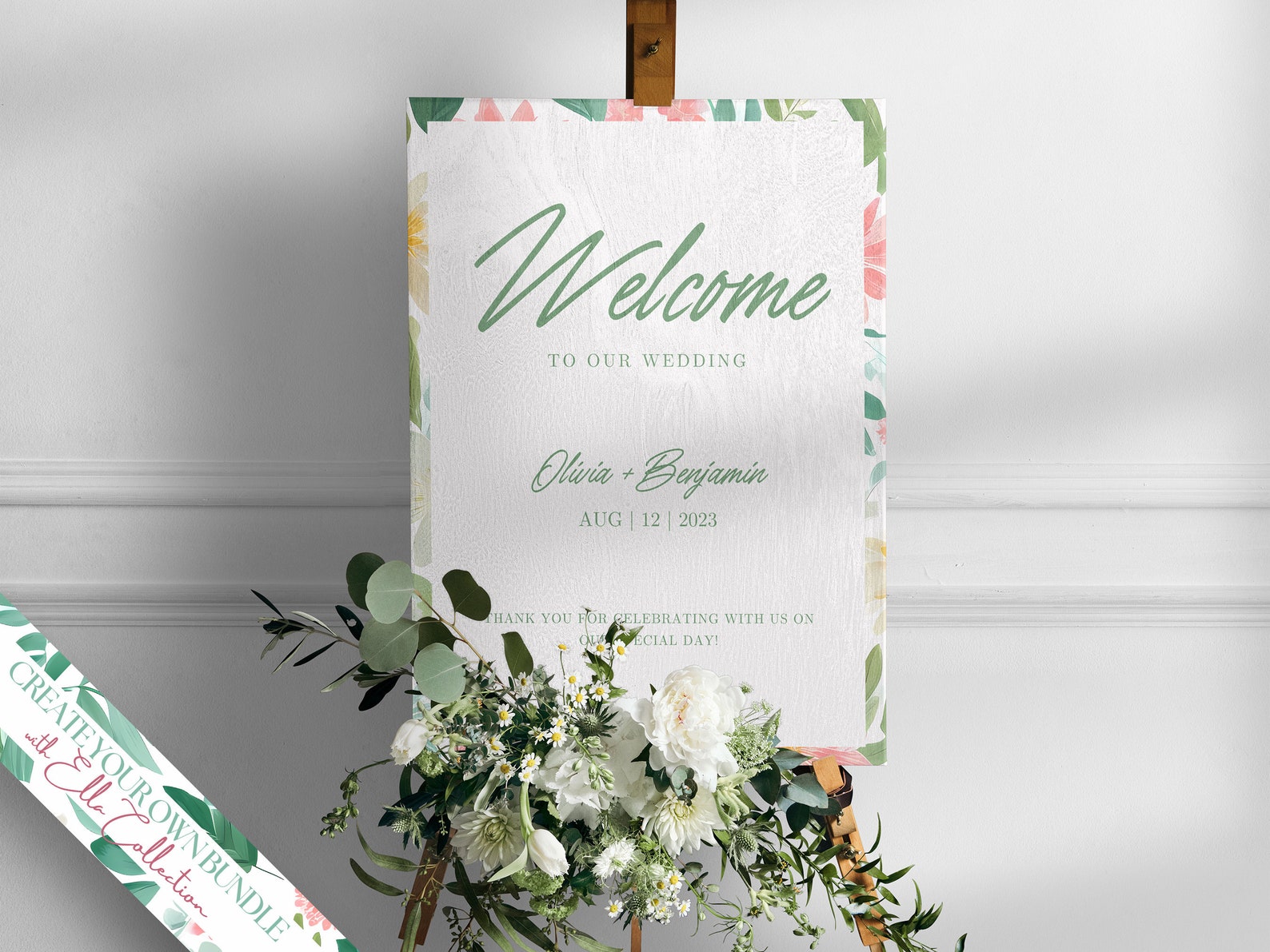 ELLA Printable Welcome Sign Template, Pink Summer Flowers, Elegant ...