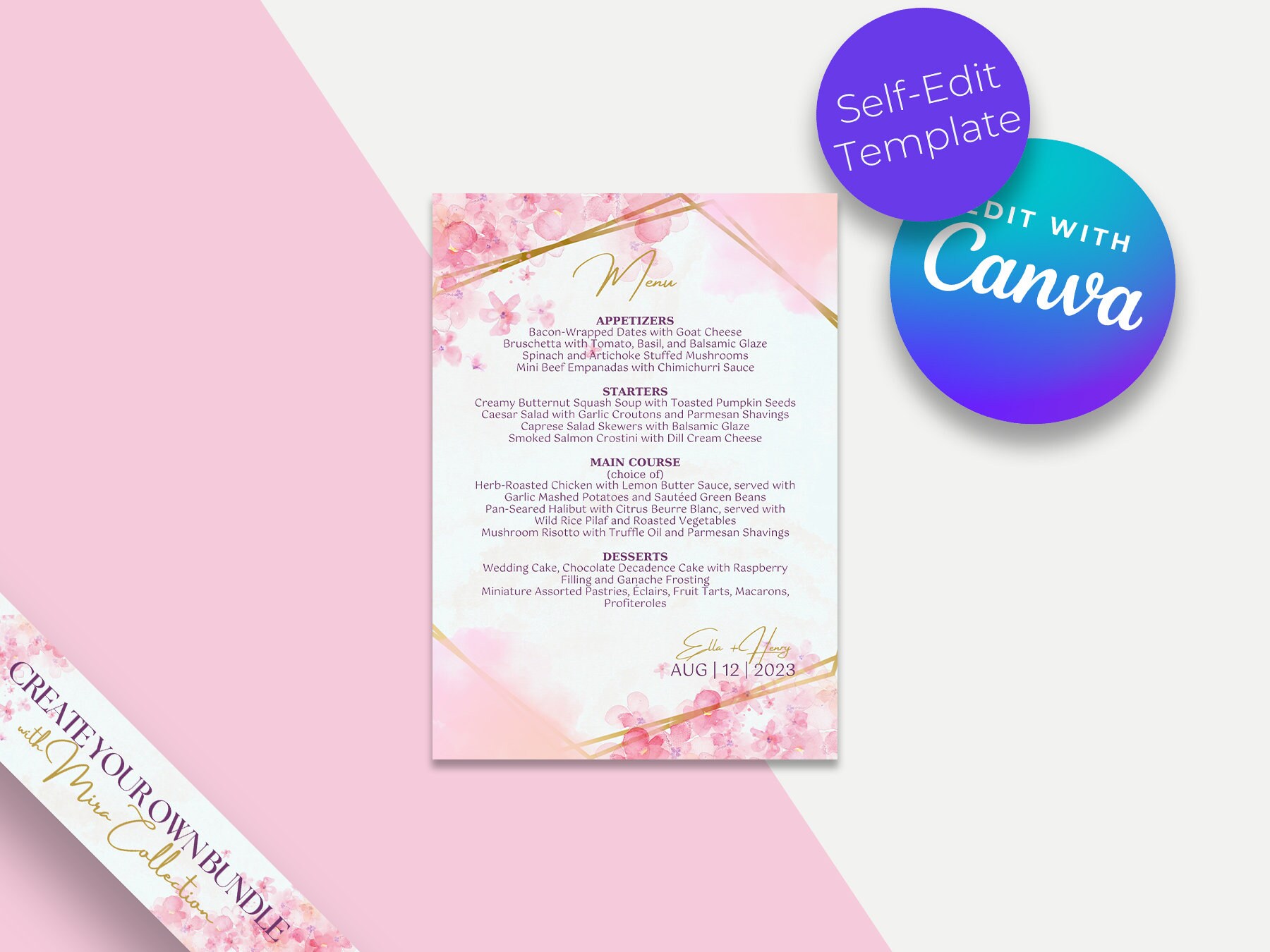 MIRA Printable Wedding Table Menu Card Template, Pink Flowers and Gold ...