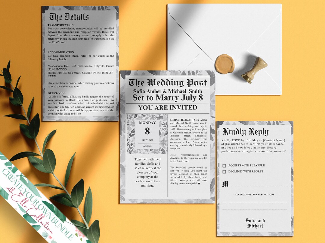 ELLA Printable Newspaper Wedding Invitation Suite, Black and White ...
