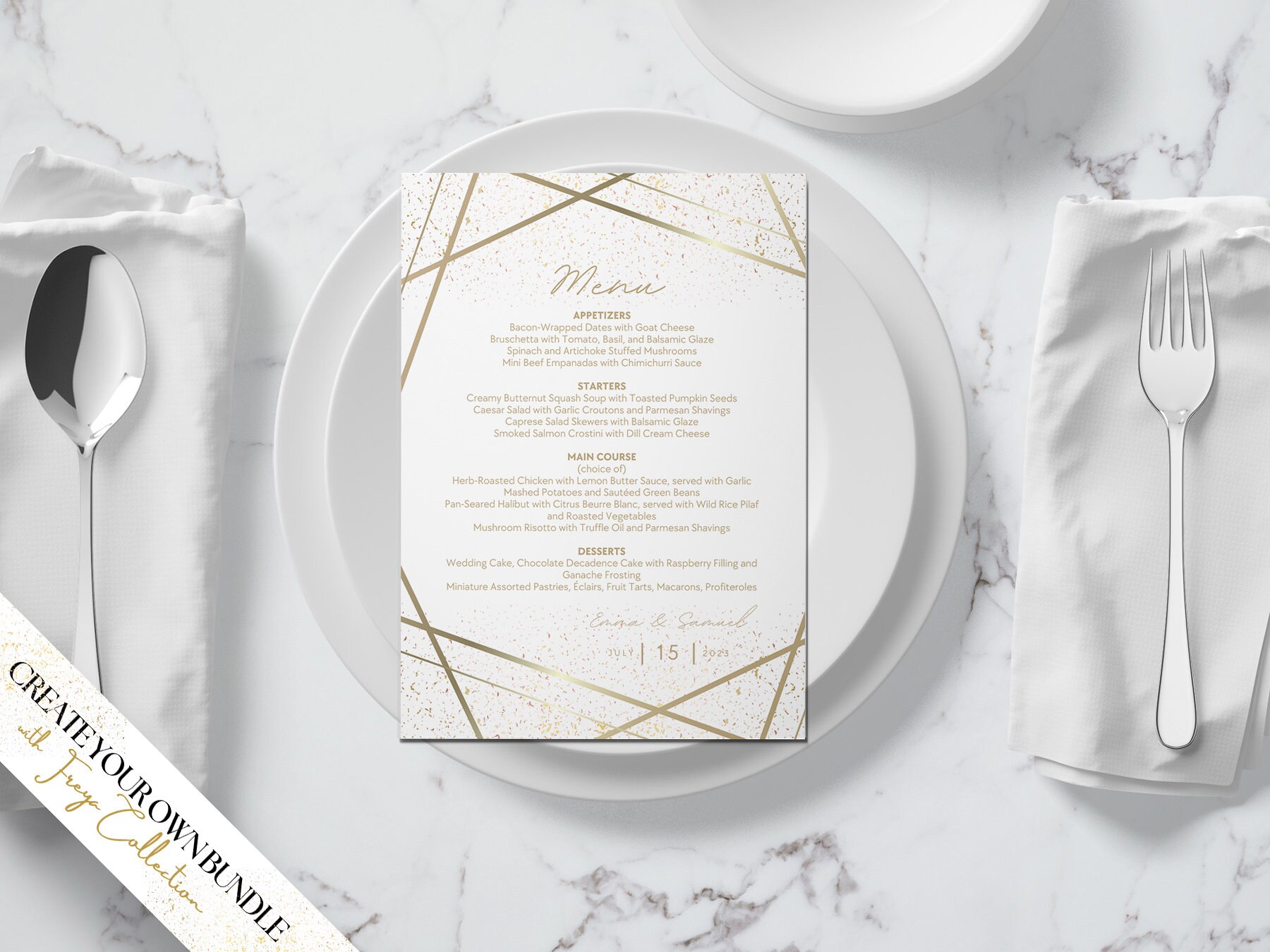 FREYA Printable Wedding Table Menu Card Template, White and Gold ...