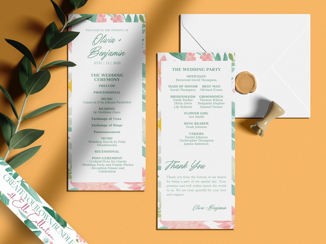 ELLA Printable Wedding Program Template, Pink Summer Flowers, Elegant ...