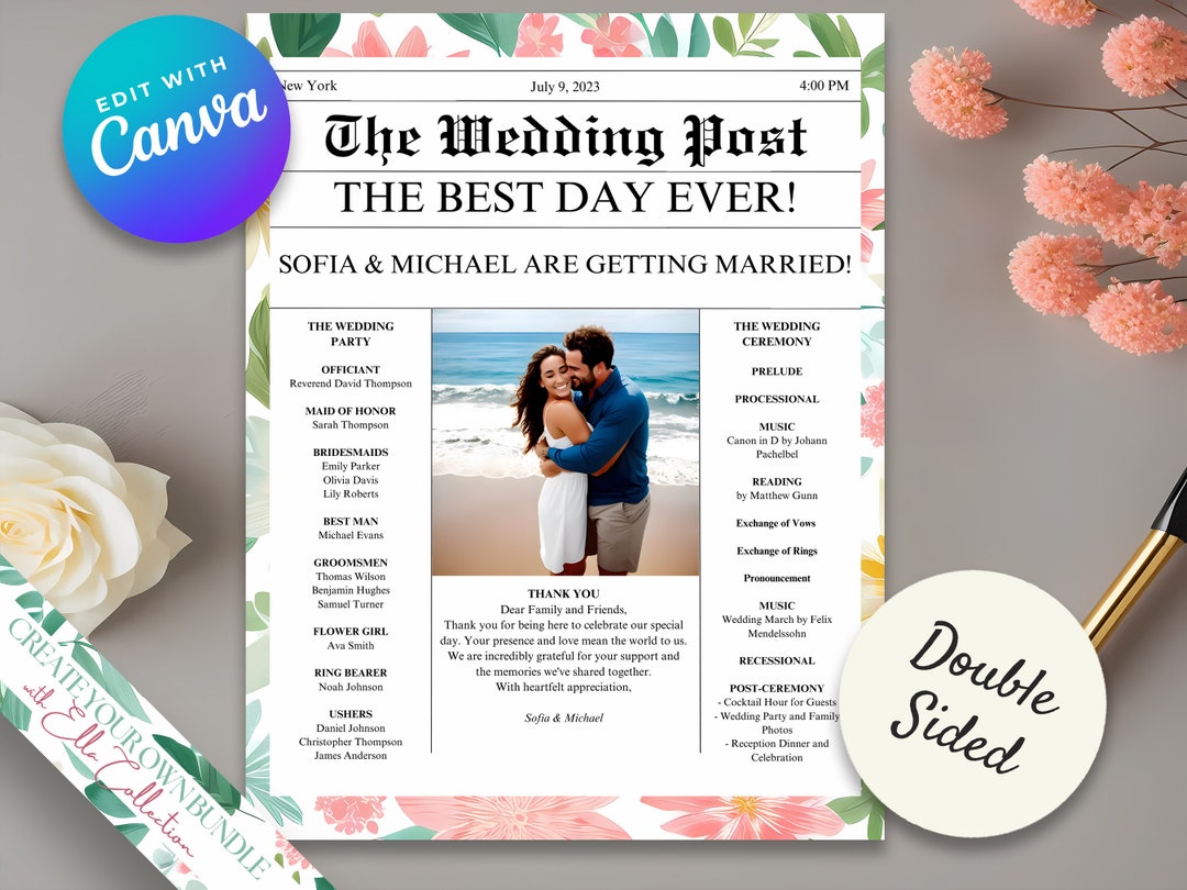 ELLA Newspaper Themed Wedding Program Template, Printable Wedding Day ...