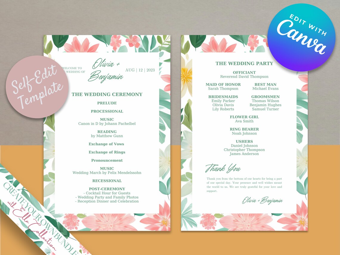 ELLA Printable Wedding Program Template, Pink Summer Flowers, Elegant ...