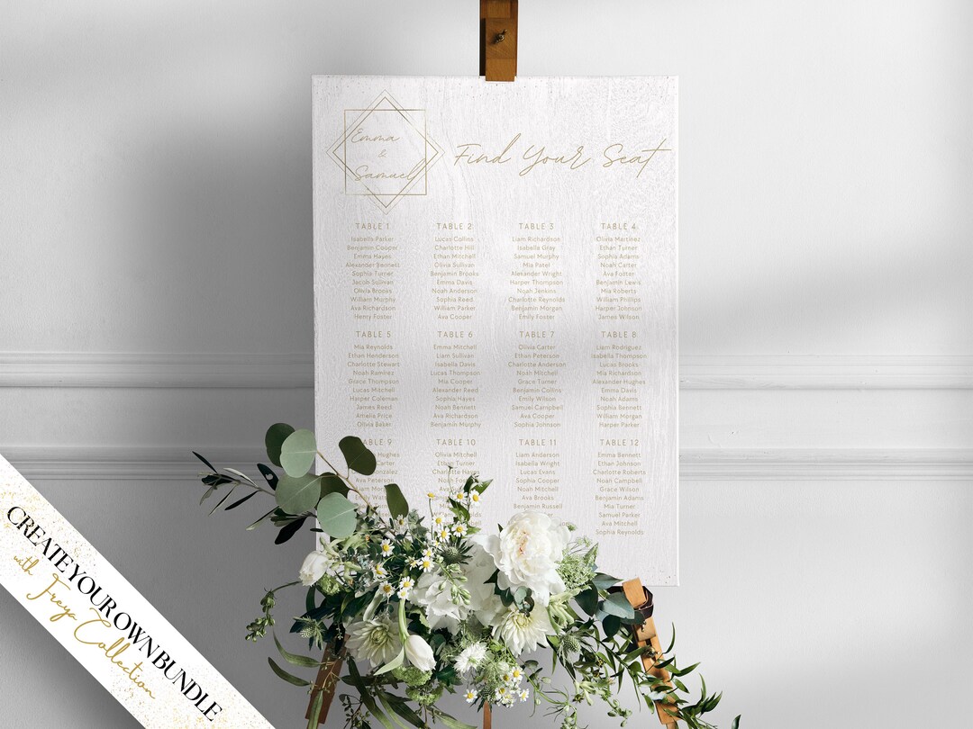 FREYA Printable Seating Chart Poster Template, White and Gold ...