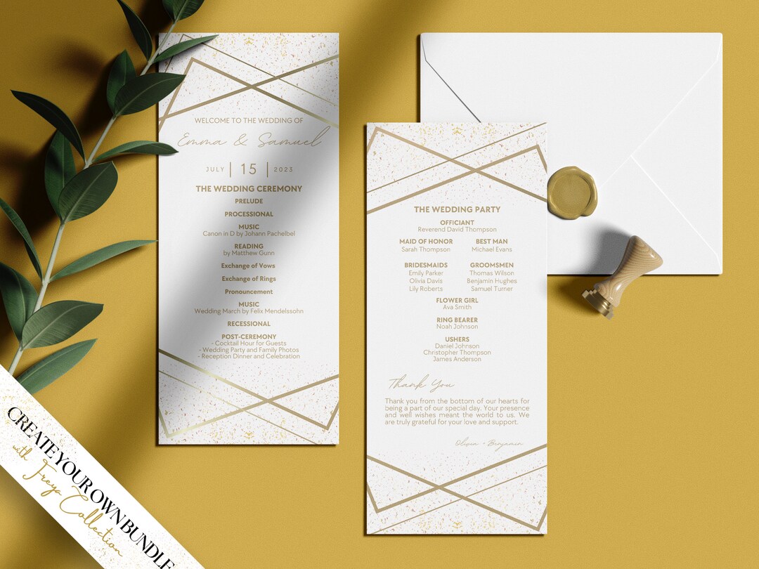 FREYA Printable Wedding Program Template, White and Gold, Geometric ...