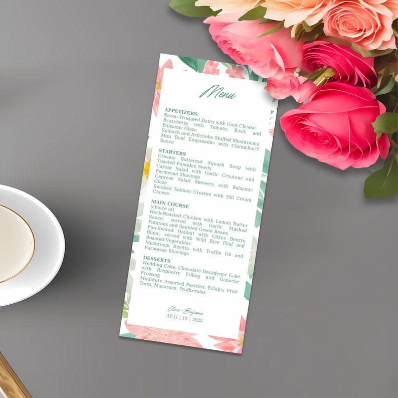 ELLA Printable Wedding Table Menu Card Template, Pink Summer Flowers ...