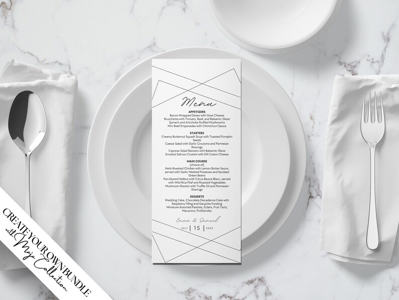 MAJA Printable Wedding Table Menu Card Template, Black and White ...