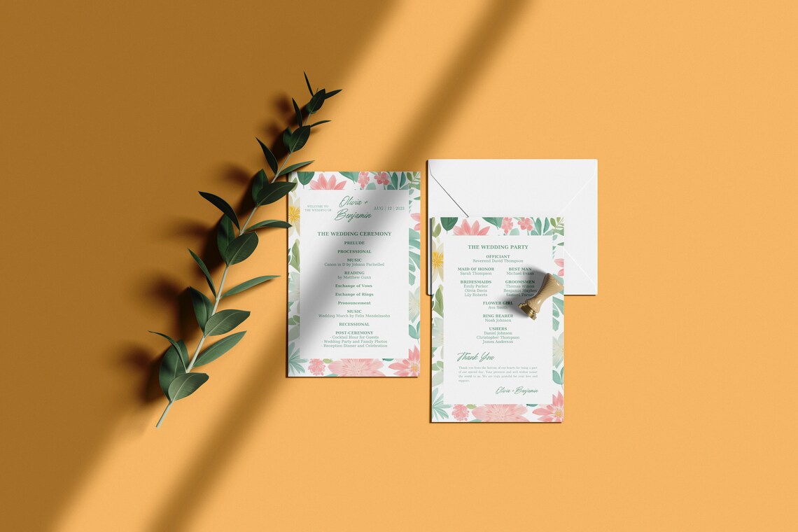 ELLA Printable Wedding Program Template, Pink Summer Flowers, Elegant ...