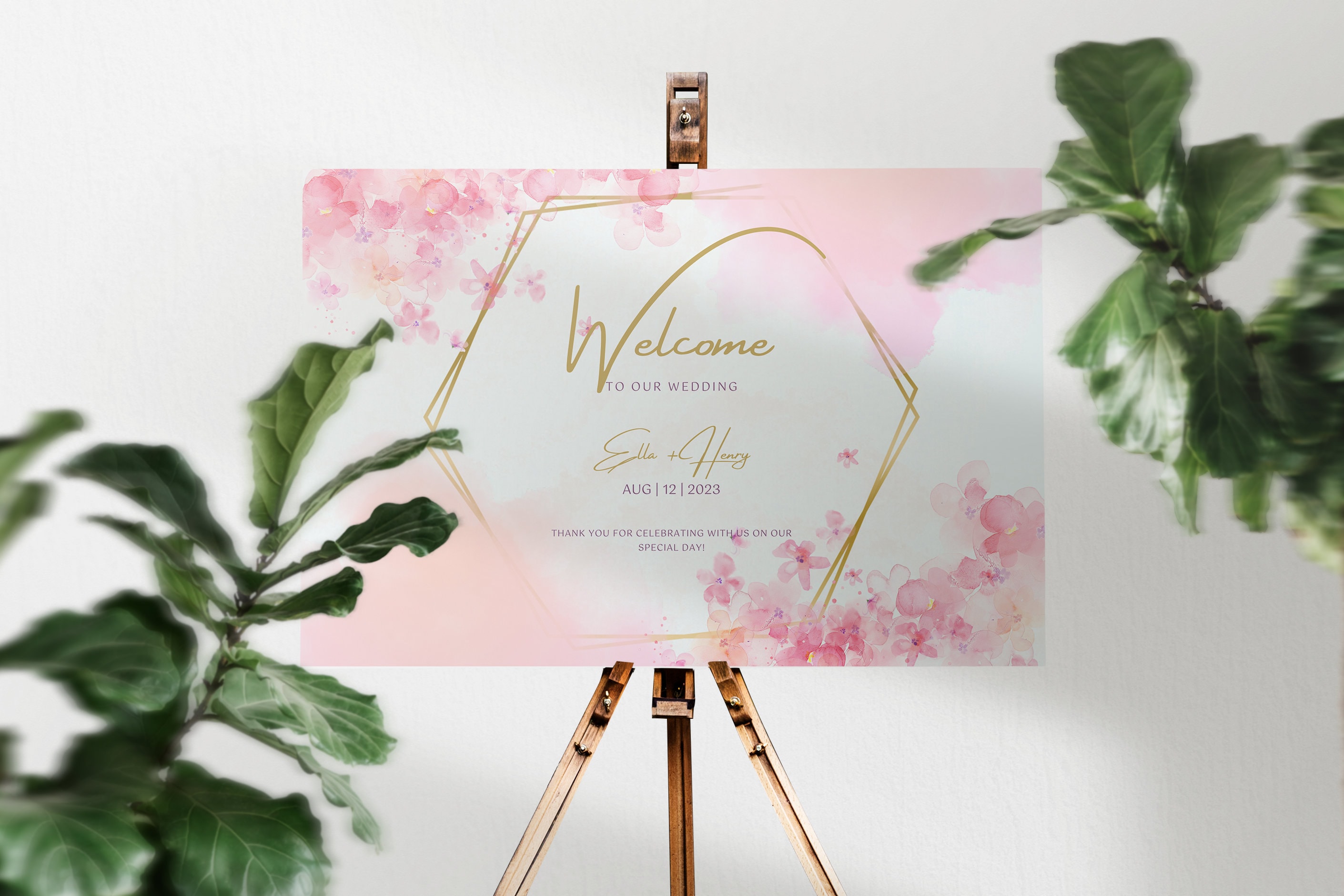 MIRA Printable Welcome Sign Template Pink Flowers and Gold - Etsy