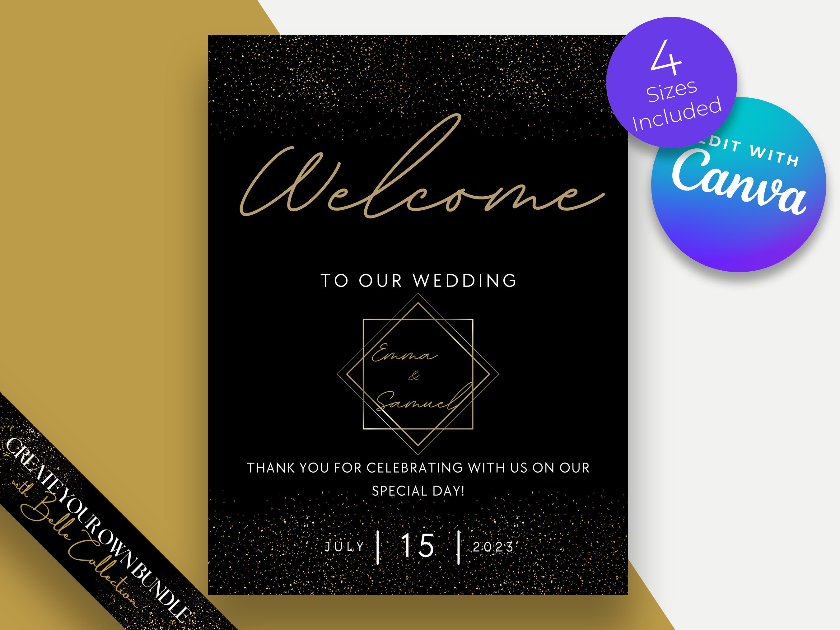 BELLE Printable Welcome Sign Template, Black and Gold, Geometric Design ...