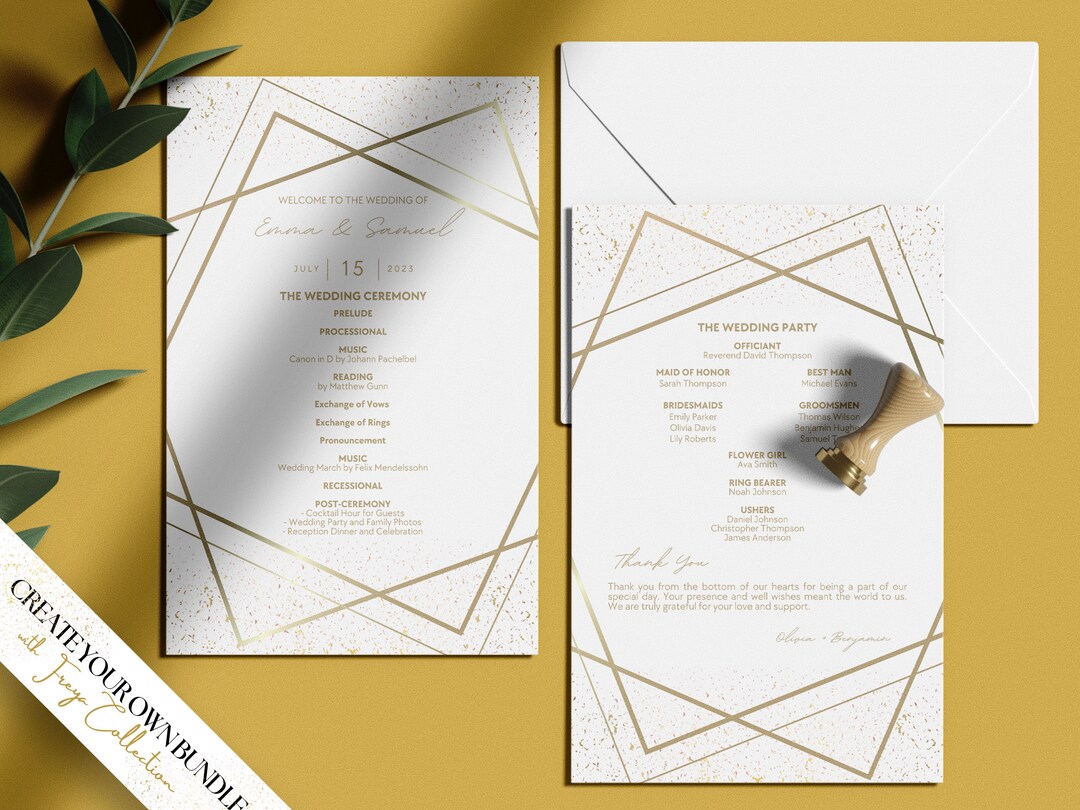 FREYA Printable Wedding Program Template, White and Gold, Geometric ...